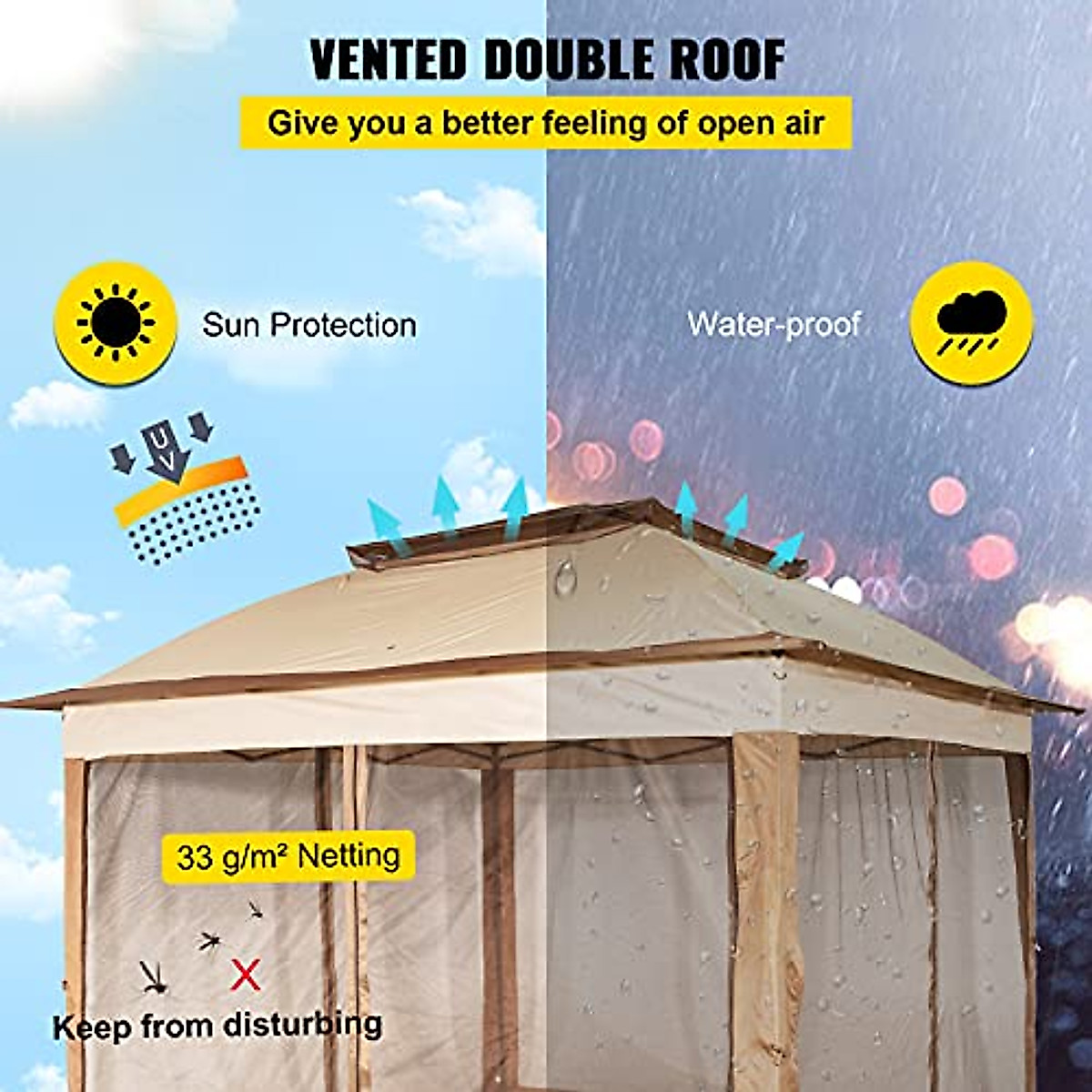 Happybuy Outdoor Canopy Gazebo Tent, Portable Canopy Shelter with 11'x11' Large Shade Space for Party, Backyard, Patio Lawn and Garden, 4 Sandbags, Carrying Bag and Netting Included, Brown