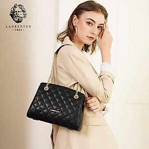 LAORENTOU Cowhide Shoulder Bag for Women Leather Quilted Purses Lady Handbag With Chain Strap