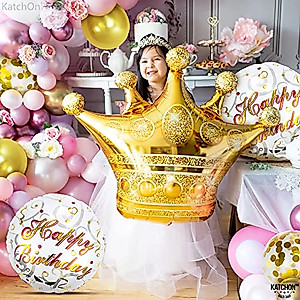 KatchOn, Gold Happy Birthday Balloon Set - 30 Inch, Pack of 7 | Crown Balloons Gold, Gold Confetti Balloons for Birthday Party | Gold Happy Birthday Printed Balloons, Queen Birthday Party Decorations