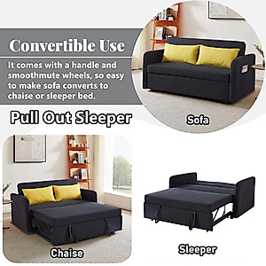 SumKea 55.5'' Pull Out Couch, 3-in-1 Sleeper Loveseat Convertible Bed with USB, Adjustable Backrest, Pillows, Side Pocket, Fabric Sofa Bed for Living Room, Office, Black