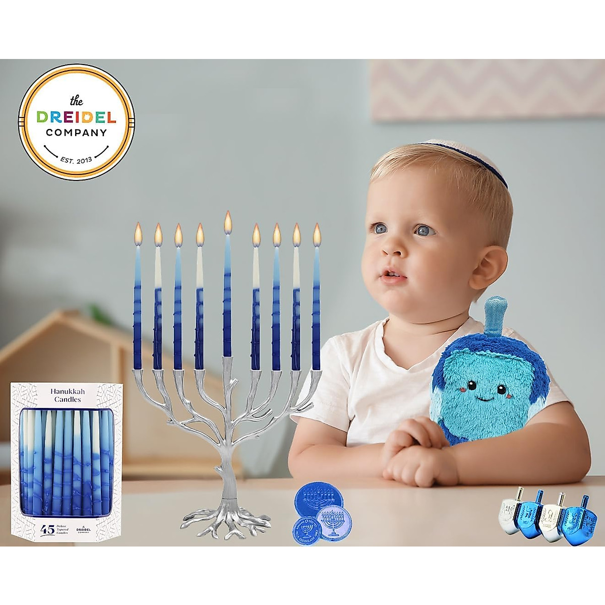 The Dreidel Company Dripless Deluxe Tapered Pastel Blue and White Hanukkah Menorah Candles for All 8 Nights of Chanuka