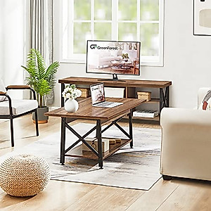 GreenForest Coffee Table Large 43.3 x 23.6 inch Farmhouse Rustic with Storage Shelf for Living Room, Easy Assembly, Walnut
