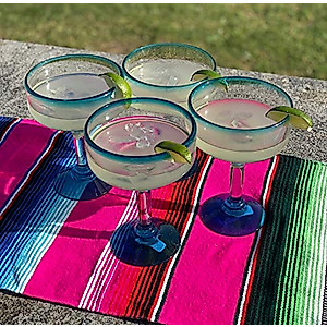 Mexican Hand Blown Glass – Set of 4 Hand Blown Margarita Glasses (16 oz) with Aqua Blue Rims