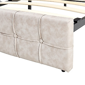 OPTOUGH Queen Size Upholstered Platform Bed Frame with Lights and Height Adjustable Headboard, Square Stitched Button Tech Cloth, No Box Spring Needed,Noise-Free,Beige