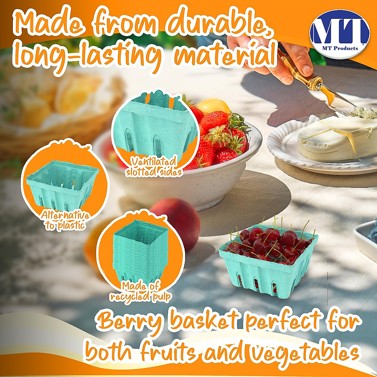 MT Products Green Berry Basket 1 Pint - Molded Pulp Fiber Vented Produce Basket (Pack of 15) - Made in the USA