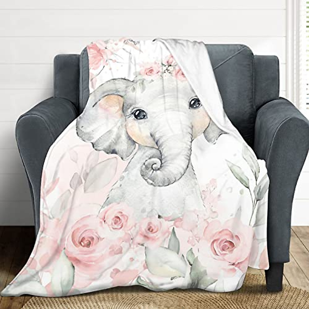 Baby Elephant Blanket Nursery Blankets Floral Elephant Decor Pink Throw Blanket Gifts for Girls Super Warm Soft Plush Lightweight Fleece Flannel Blanket Couch Bedding Blanket for Kids Women 50"x60"