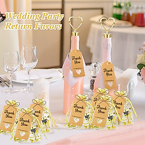 48 Set Heart Shaped Wine Beverage Bottle Stopper Party Favors Bulk Love Design for Guests with Sheer Bags, Labels, Rope for Valentines Souvenir Gifts Engagement Wedding Bridal Shower Supplies (Gold)