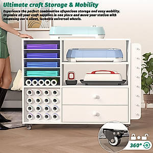 Craft organization and storage Cart Compatible with Cricut Machine Cricut Table, Rolling Craft Organizer With two large drawer & 24 Vinyl Roll Holder & Paper Storage Organizer, for Home Craft Room