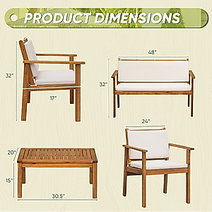 Flamaker Patio Furniture 4 Piece Outdoor Acacia Wood Patio Conversation Sofa Set with Table & Cushions Porch Furniture for Deck, Balcony, Backyard