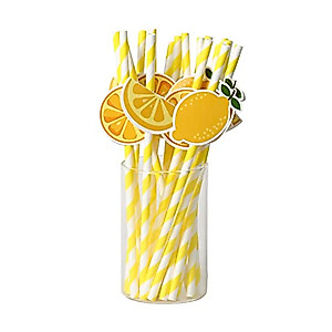 Lemon Biodegradable Paper Straws，Lemon Birthday Party Striped Decorative Straws - Set of 20.