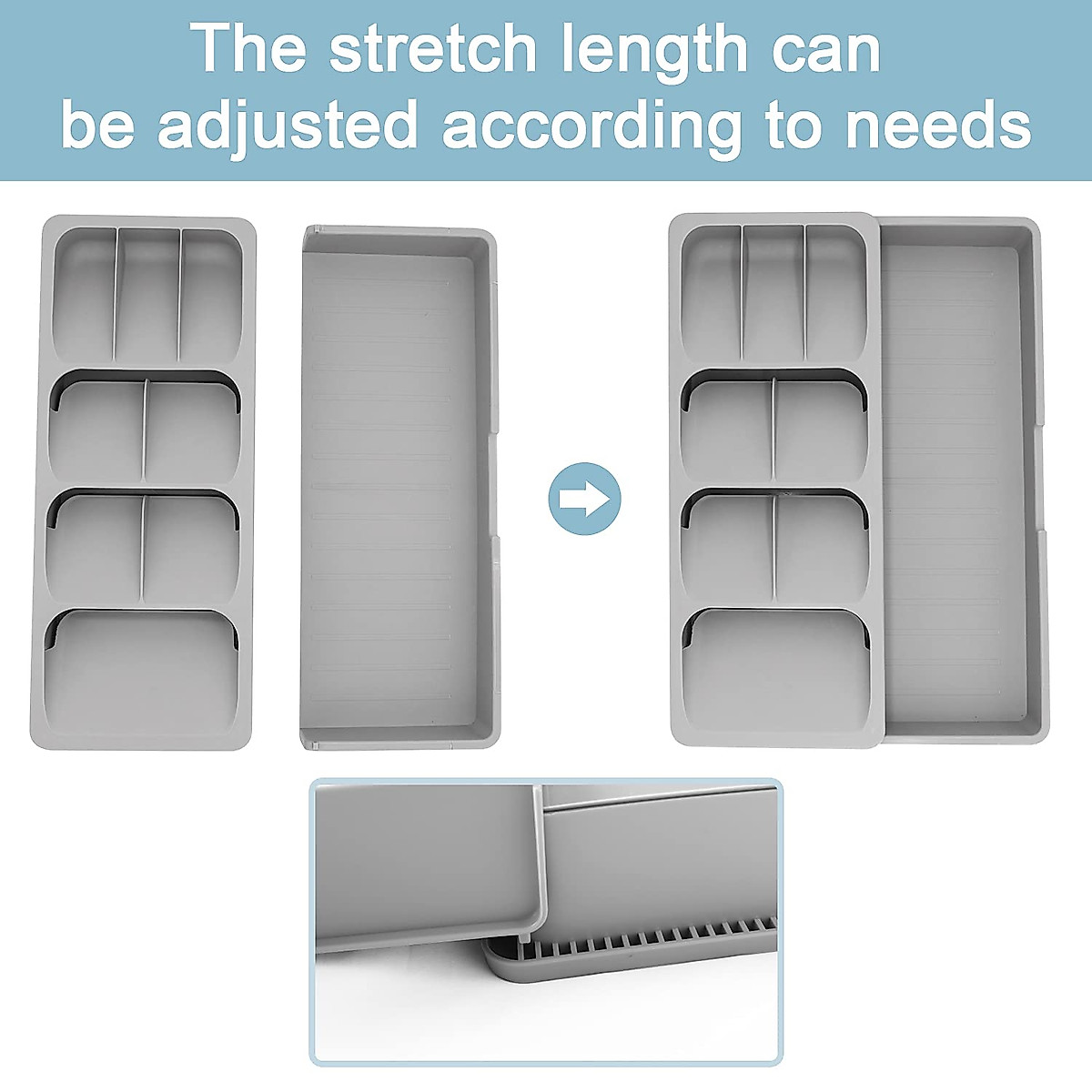 YUOIOYU Cutlery Organizer in Drawer, Expandable Compact Silverware Organizer for Kitchen Drawers, PP Plastic Kitchen Utensil Organizer for Flatware, Forks, Spoons, Silverware Tray for Drawer (Gray)