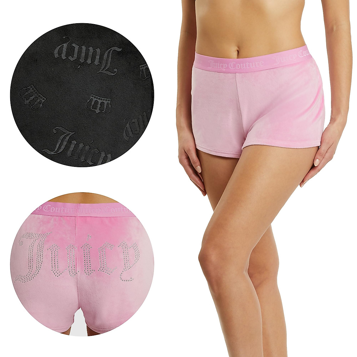 Juicy Couture Velvet Fleece Shorts 2 Piece Designer Pajama Set for Women, 2-Pack Sleep and Lounge Shorts (US, Alpha, Large, Regular, Regular, Stellar Pink/Black Crown Embossed)