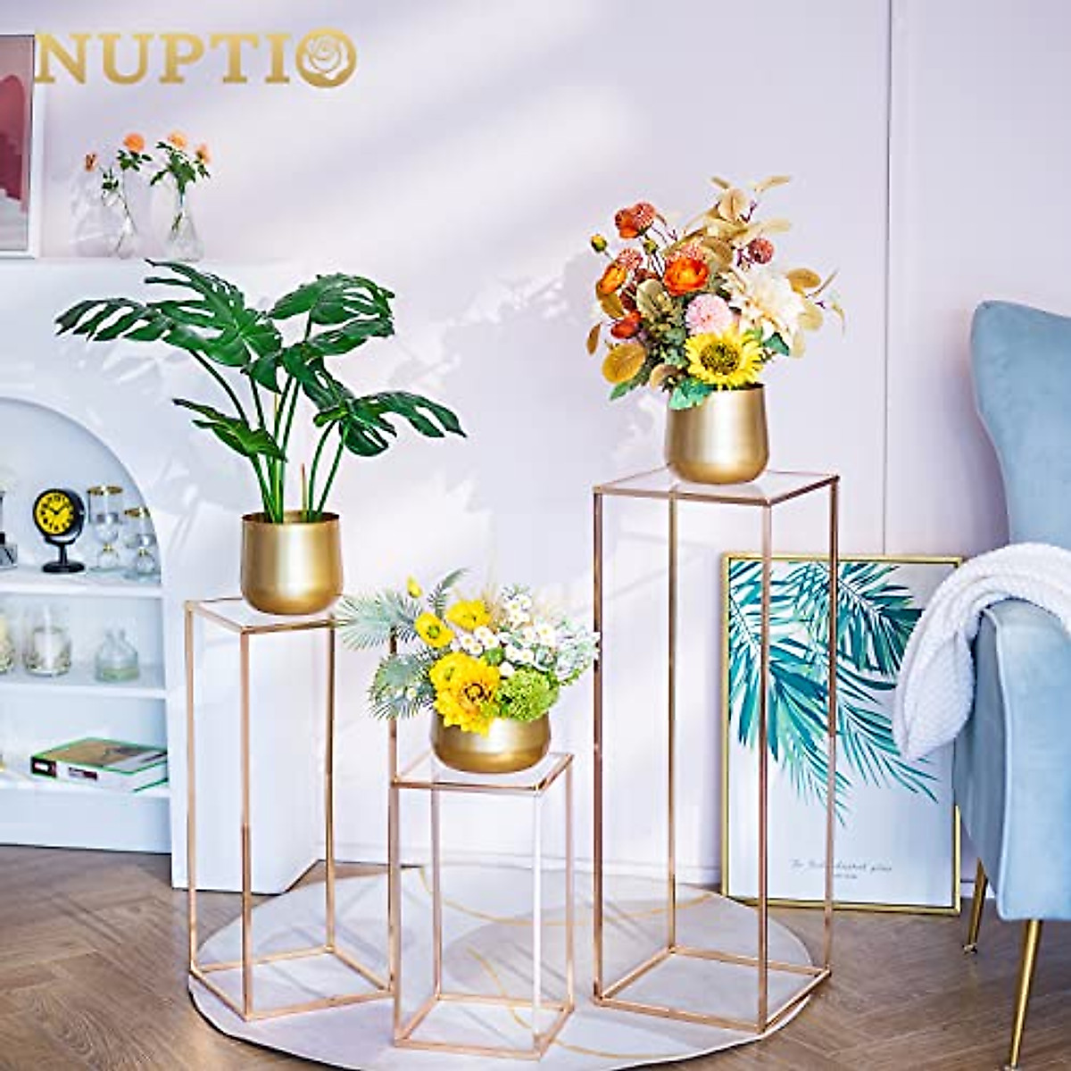 NUPTIO Wedding Centerpieces for Tables with Acrylic Panel - 3 Pcs 15.7/23.6/31.5 inch Tall Gold Vases for Centerpieces - Flower Stand for Centerpiece Table Metal Vase Column Stand Party Decorations