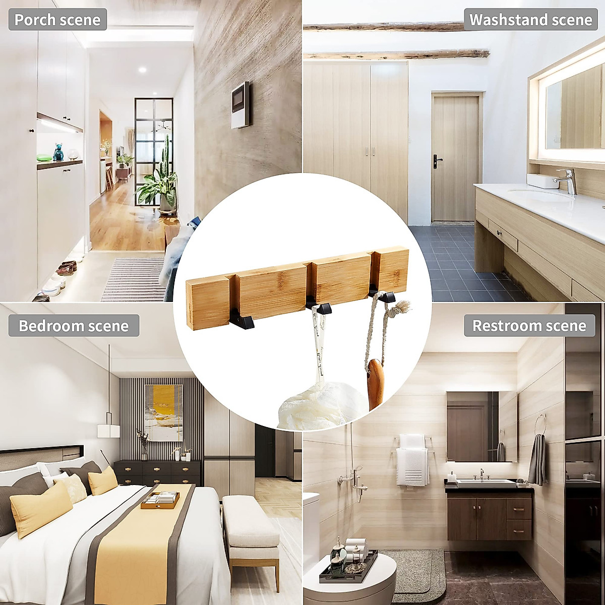 Wooden Coat Hooks, Coat Rack Wall Mounted with 3 Folding Hooks Hat Rack Modern Wall Floating Coat Hook Rack Adhesive & Wall Mounted, Coat Hiden Hooks for Coats, Hats, Scarves, Key Rack Towel Rack