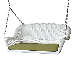 Jeco Wicker Porch Swing in White with Green Cushion