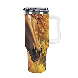 Brown Horse with Sunflowers Insulated Tumblers with Handle Stainless Steel Coffee Mug Funny Travel Cup with Lid Straw 40oz