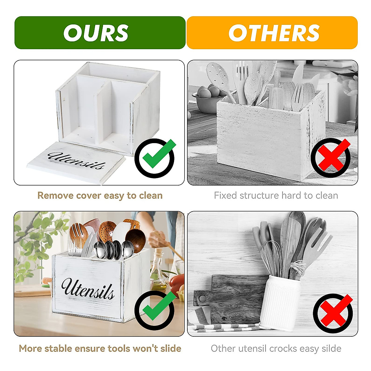 ugiftt Wooden Kitchen Utensil Holder for Countertop, Kitchen Utensil Caddy with 3 Compartments, Farmhouse Cooking Tools Storage Flatware Organizers for Silverware Forks Spoons Spatulas, Easy To Clean