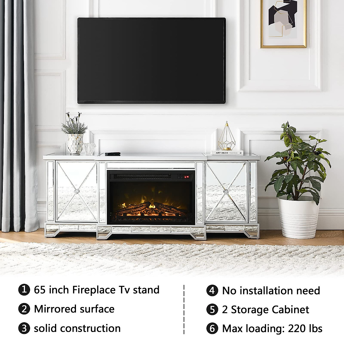 Alohappy Electric Fireplace TV Stand for TVs up to 65”, Mirrored TV Stand with 18” LED Fireplace and Remote, Home Media Entertainment Center Silver TV Console Table Furniture for Living Room