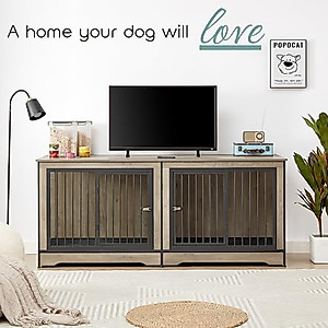 DOSSMBOLA 75'' Large Dog Crate Furniture for Large Dog or 2 Medium Dogs, Wooden Dog Kennel Dog Crate with Pull Out Tray and Removable Divider, TV Stand XXL Dog Cage - Gray
