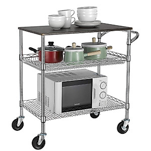 Finnhomy 3 Tier Heavy Duty Commercial Grade Utility Cart with Wood Top, Wire Rolling Cart with Handle Bar, Steel Service Cart with Wheels, Utility Shelf Food Storage Trolley, NSF Listed
