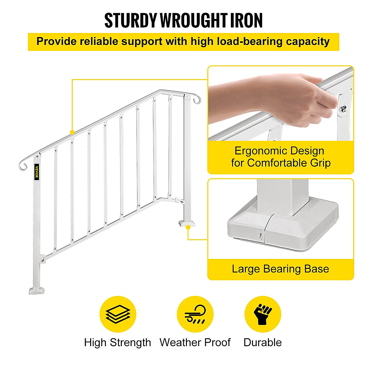 VEVOR Handrail for Outdoor Steps, 3-4 Steps White Fence Outdoor Handrail, Adjustable Metal Staircase Handrail, Thickened Stair Railings for Porch Railing, Deck Handrail