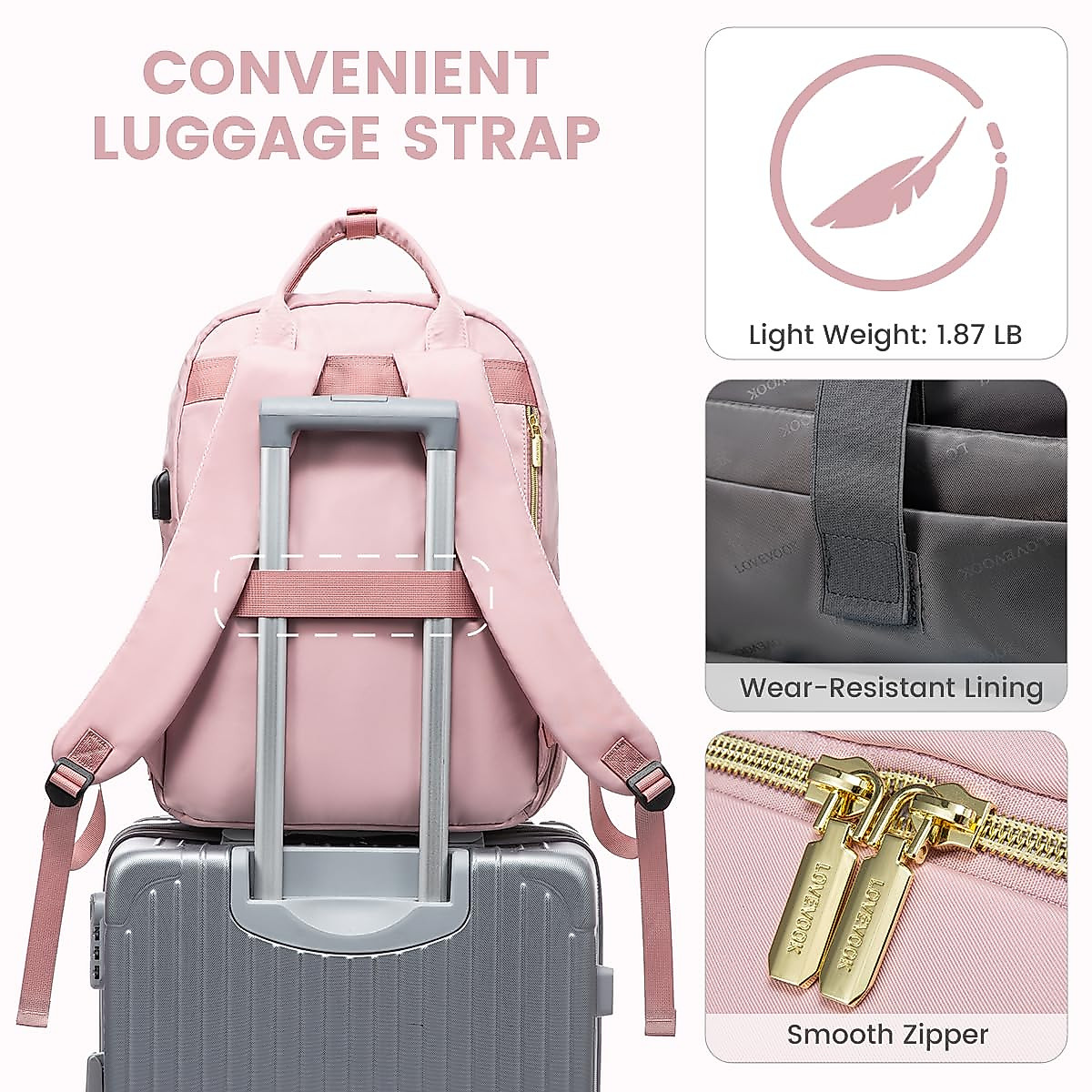 LOVEVOOK Laptop Backpack Women Teacher Backpack,15.6 Inch Laptop Bag with USB Port,Waterproof Daypack for Work Travel Pink