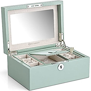 Vlando Lockable Jewelry Box, Two Tray Jewelries Collections Organizer, Girls Gift -Aqua Green