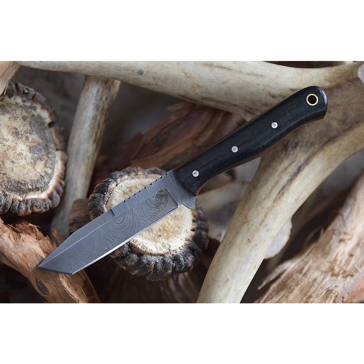 Knives Ranch ECD Fixed Blade Knife, Tanto Point, Damascus Steel, Black Burlap Micarta Handle Fine Quality 45 Degree Sheath Snug Fit (3184-M)