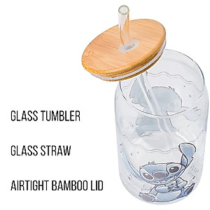 Silver Buffalo Disney Lilo and Stitch Sitting Glass Jar Tumbler with Bamboo Lid and Glass Straw, 16 Ounces
