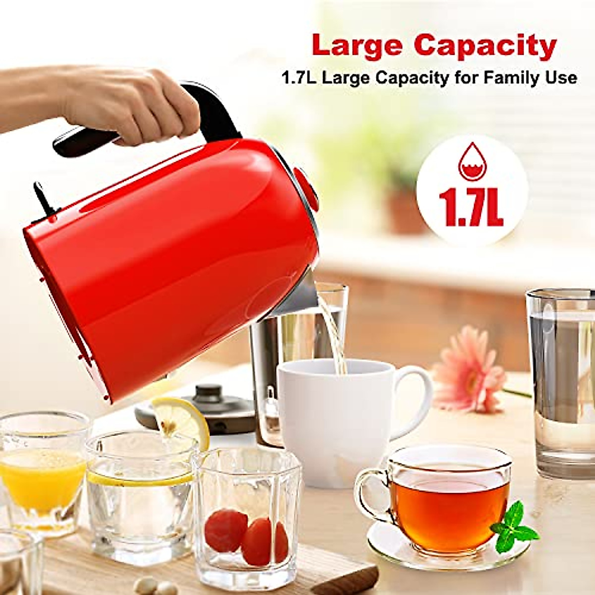 Galanz Retro Electric Kettle with Heat Resistant Handle and Cordless Pour, Quick Hot Water Boil, Boil-Dry Protection, Automatic Shut-Off, 1.7 L, Red