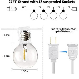 SUNTHIN Outdoor White String Lights, 27FT White Patio Lights with 14 G40 Shatterproof LED Bulbs(1 Spare), Waterproof Hanging Outside Lights for Yard, Porch, Deck, Garden, Pergola