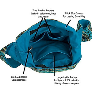 Tribe Azure Blue Aztec Canvas Large Hobo Cross body Shoulder Sling Slouch Casual Shopping Market Bag