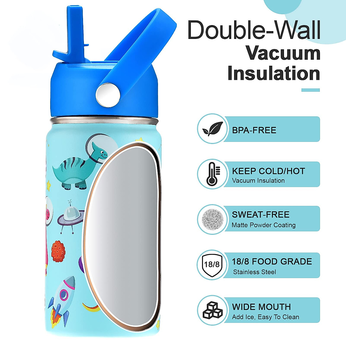 WEREWOLVES 14oz Kids Water Bottle with Straw Lid, Shoulder Strap and Boot - Insulated Stainless Steel, Reusable Leakproof Metal Water Bottles for School (Space Dinosaur (Strap), 14 oz)