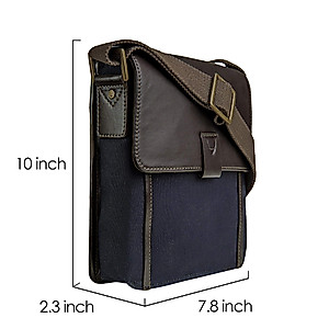 Hidesign Aiden Genuine Leather and Canvas Mini Crossbody Men/Women Messenger Bag / Travel Bag / 10.5" iPad Bag, Blue