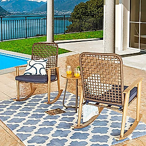 PatioFestival Patio Bistro Set Wood Grain Finish Outdoor Rocking Chairs with Coffee Table All Weather Frame Conversation Set (3Pcs, Blue)