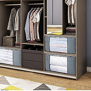 Clothes Storage Bag, Large Capacity Clothes Storage Organizer with Clear Window, 3 Layer Foldable Fabric, Sturdy Handles Storage for Comforters,Bedding,Blankets and Clothing, 3 Pack, 90L, Grey