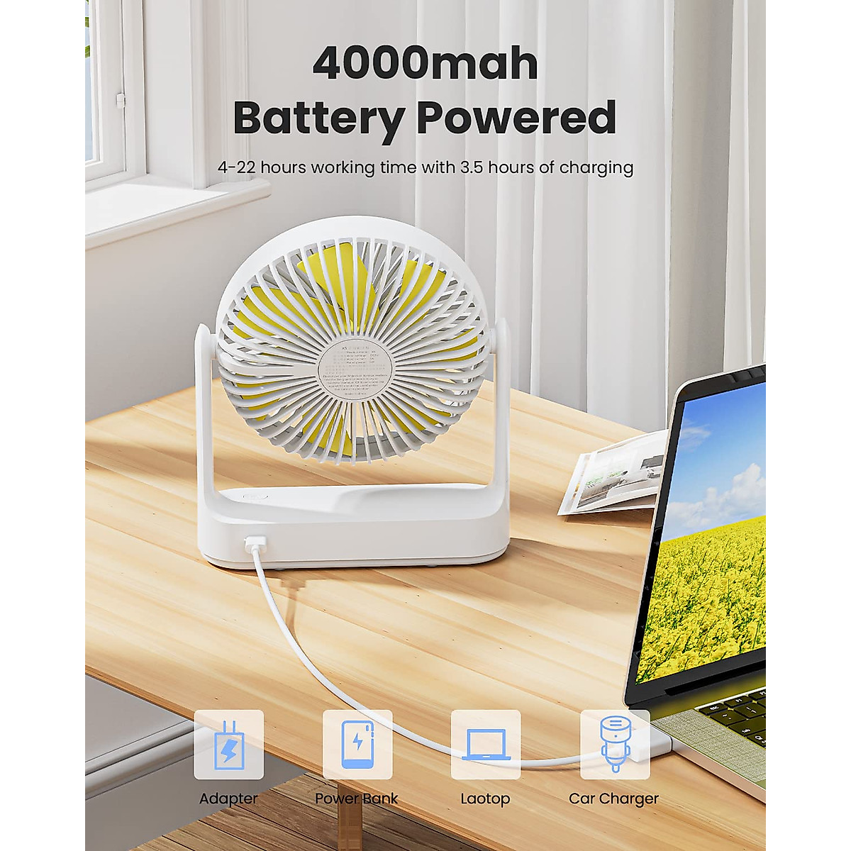 Otlonpe Desk Fan Battery Operated, 6.5 Inch Small Table Fan, 4000mAh Rechargeable Portable Fan 270° Adjustable, Hook, 4 Speeds Powerful Personal Fan for Travel Home Office (White)