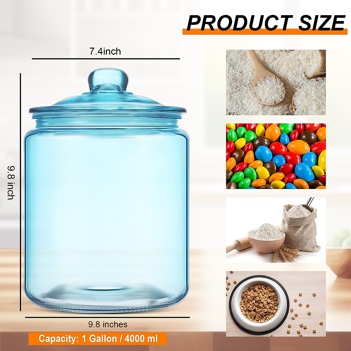 Tioncy 2 Pcs 1 Gallon Cookie Jar Glass Jars Apothecary Storage Glass Containers with Lids Large Clear Airtight Glass Canisters with Labels for Kitchen Laundry for Cookie Candy Sugar Flour (Blue)