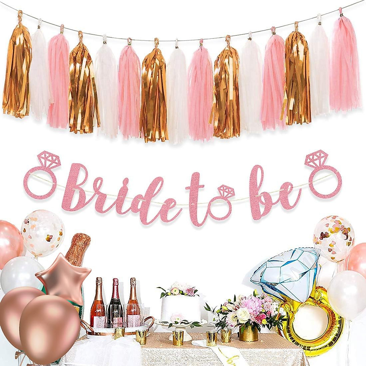 AONOR Rose Gold Bachelorette Party Decorations - Glittery Letters Bride to Be Banner, Tissue Paper Tassels Garland Set for Engagement Party, Bridal Shower Decorations Supplies