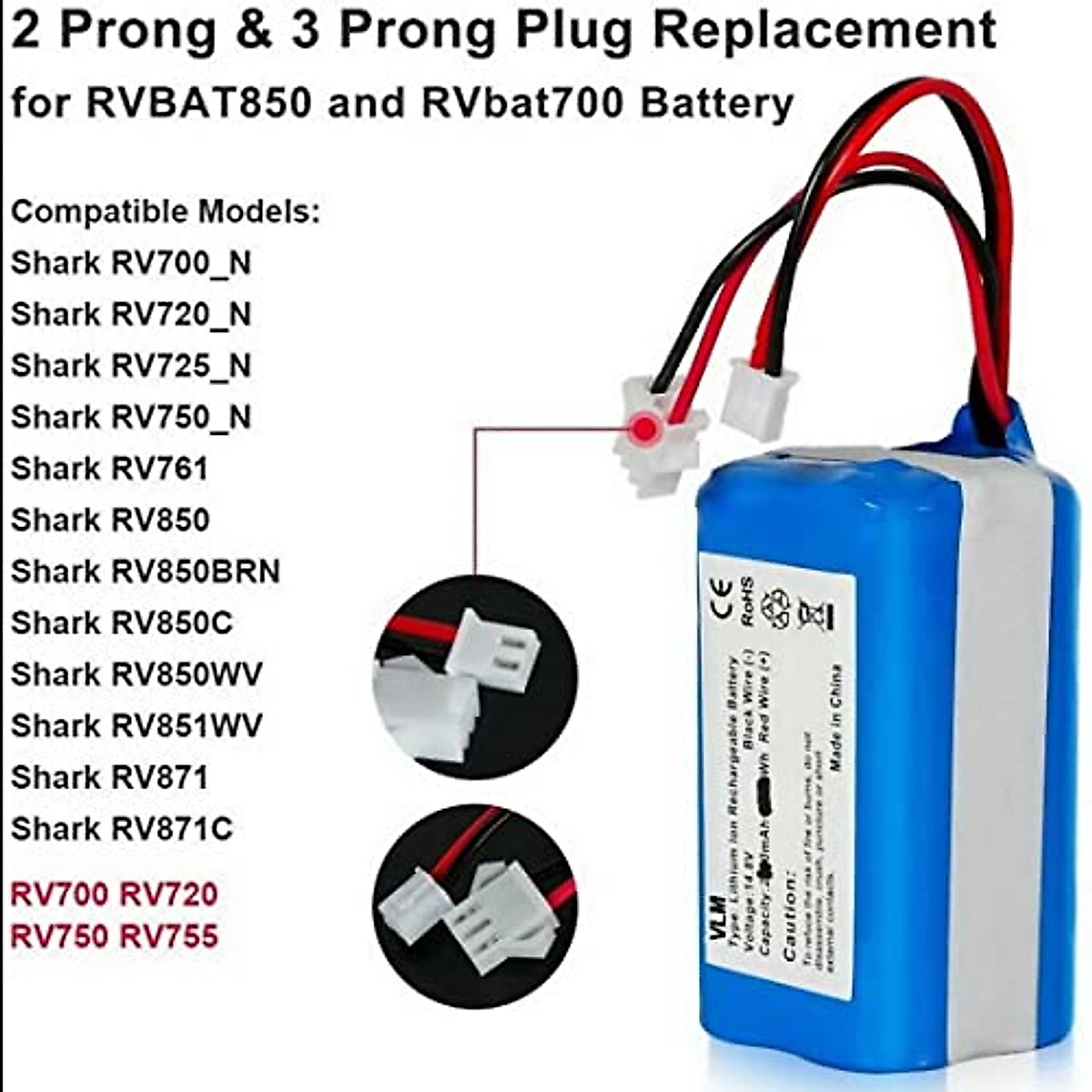 VLM Replacement Battery Pack for Shark Ion Robot RVBAT850 RVBAT700 Battery for RV-85 RV-850 RV 750_N Robots 14.8V