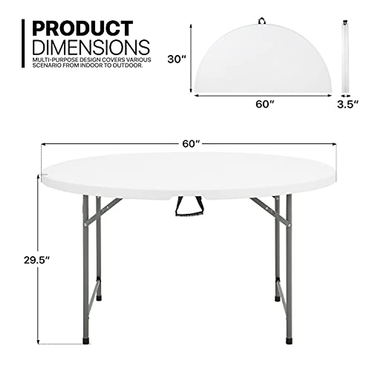 MoNiBloom 5Ft Round Folding Table, Indoor Outdoor Plastic Dining Card Table with Handle and Lock for Picnic Party Banquet Wedding, White Toptable Gray Legs