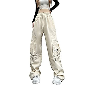 Women's Pants Cargo Jogger with Pockets Casual Work Trousers Loose Gothic Hiking Combat Sports Pants White