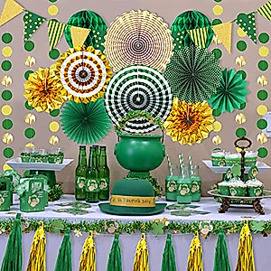 Green Gold Paper Fans Hanging Glitter Paper Triangle Flag Pennant Banner Tassel Garland Circle Banners Party Decorations for Bachelorette, Birthday Carnival, Engagement Wedding, Baby Bridal Shower