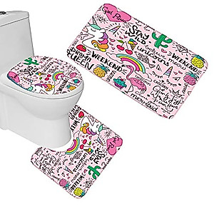 Amagical Cute Unicorn Ice Cream Pineapple Cherry and Other Items Pink Decor 16 Piece Bathroom Mat Set Shower Curtain Set Bath Mat Contour Mat Toilet Cover Shower Curtain 12 Hooks (Pink)