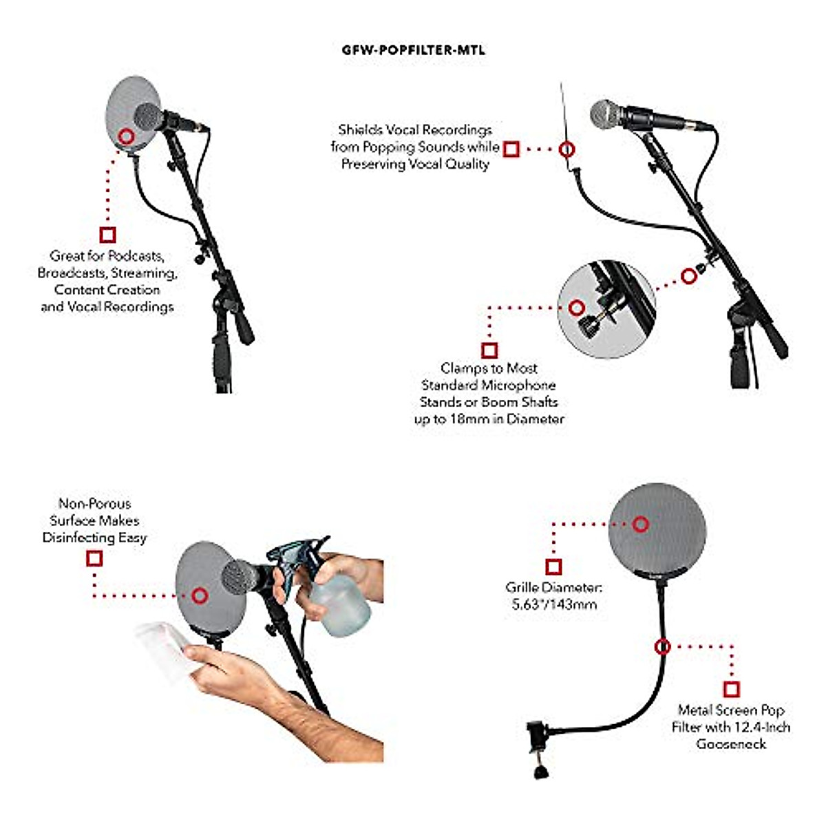 Gator Frameworks Metal Screen Pop Filter with 12.4-Inch Gooseneck (GFW-POPFILTER-MTL)