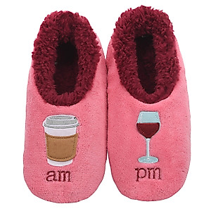Snoozies Pairable Slipper Socks - Funny House Slippers for Women, Non-Slip Fuzzy Slipper Socks - Best Friend Birthday Gifts for Women - AM/PM (Pink, Small)