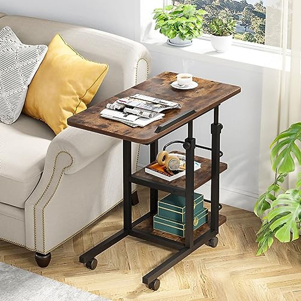 Tribesigns Height Adjustable C Table with Storage, Mobile Couch Snack Side Table with Tiltable Drawing Board, Sofa Bedside Table Laptop Rolling Cart for Bedroom, Living Room (Rustic Brown)