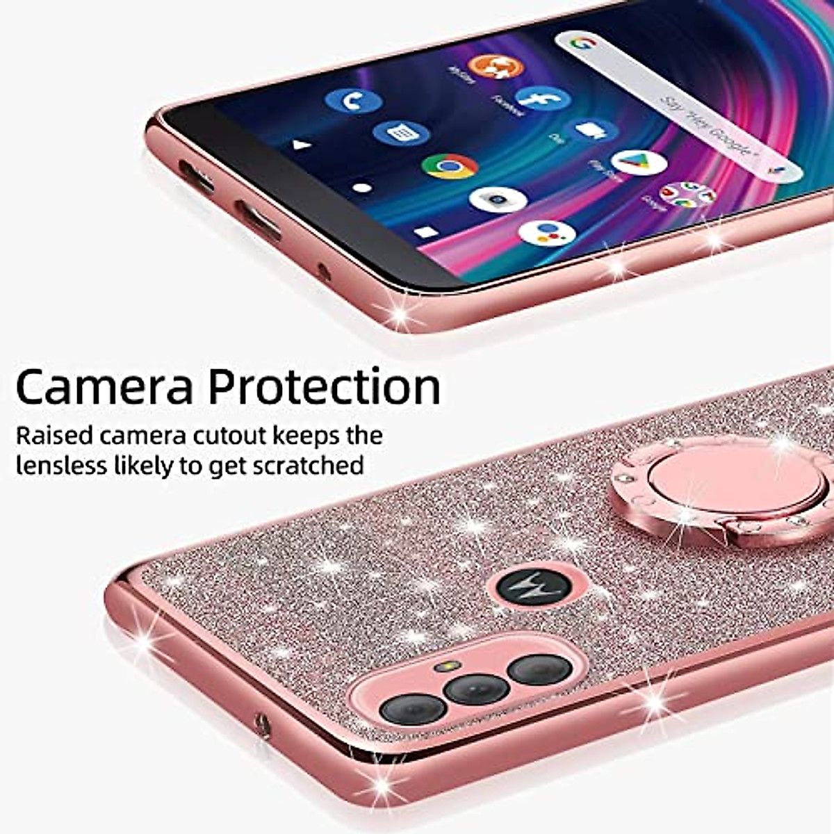 KuDiNi for Moto g Pure Phone Case, Moto g Power 2022 Case Moto G Play 2023 Case for Women Glitter Clear TPU Luxury Bling Protective Cover with Kickstand Strap for Moto g Pure(Glitter Rose)