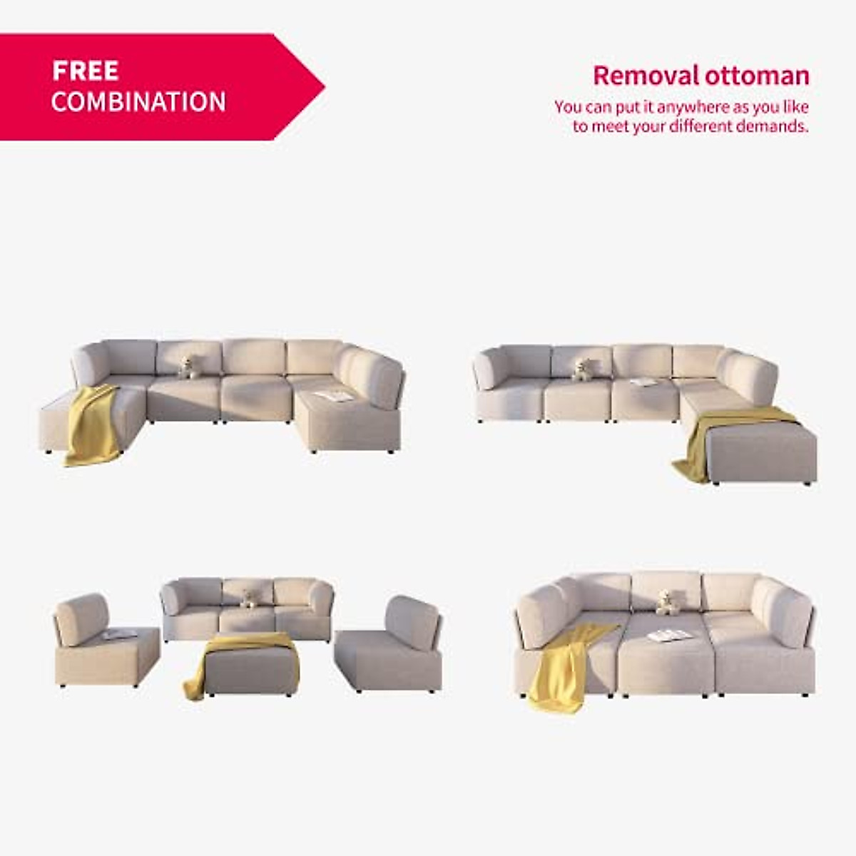 MUZZ Convertible Sectional Couch Set - Futon Sofa Bed, U/L Shaped and Queen Sleeper Sofa, Variable Modular Oversized Couch for Living Room (Beige)