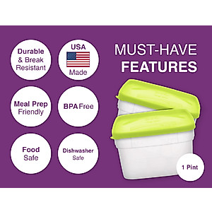 Arrow Home Products 1 Pint Freezer Containers for Food Storage, 10 Pack with Lids - USA Made Reusable Plastic Food Storage Containers - Prep, Store and Freeze - BPA Free, Dishwasher Safe